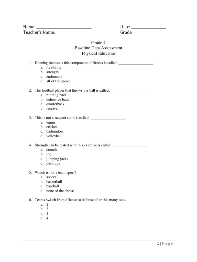 Fillable Online Grade 4 Physical Education Baseline Data Assessment Fax ...