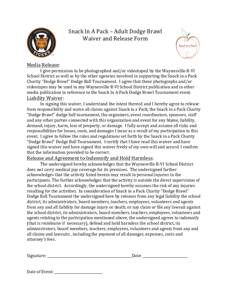Fillable Online Snack In A PackAdult Dodge Brawl Waiver and Release ...