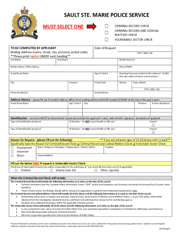 Fillable Online Sault-Police-Record-Check-Form- ... Fax Email Print ...