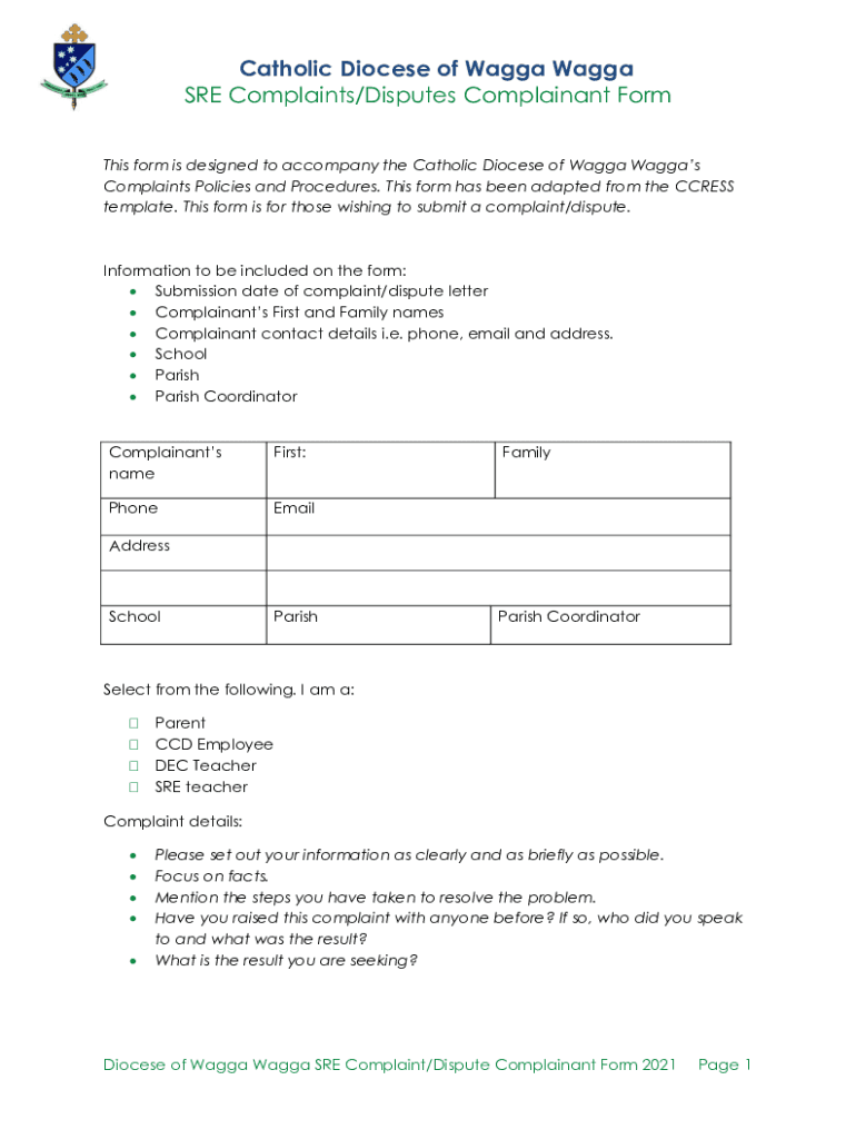 Fillable Online SRE Complaints/Disputes Complainant Form Fax Email ...