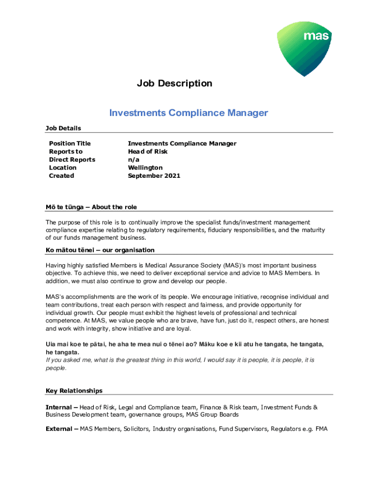 Fillable Online Compliance Manager Job Description Template Fax Email ...