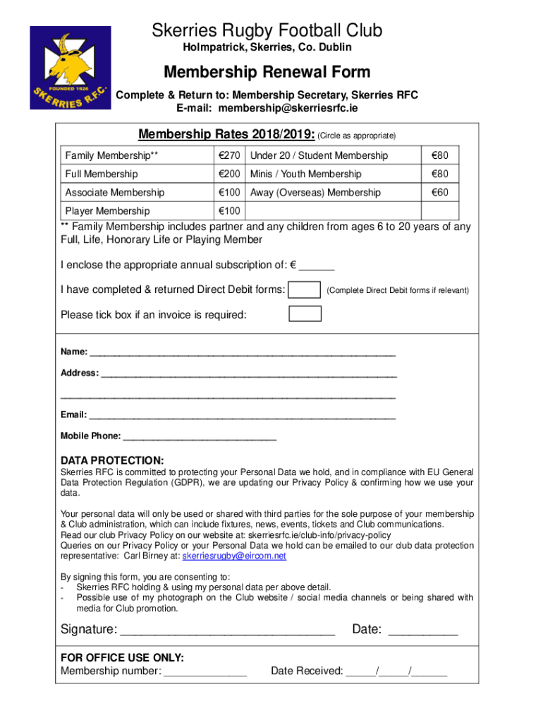 Fillable Online Skerries Rugby Football Club - Membership Renewal Form ...