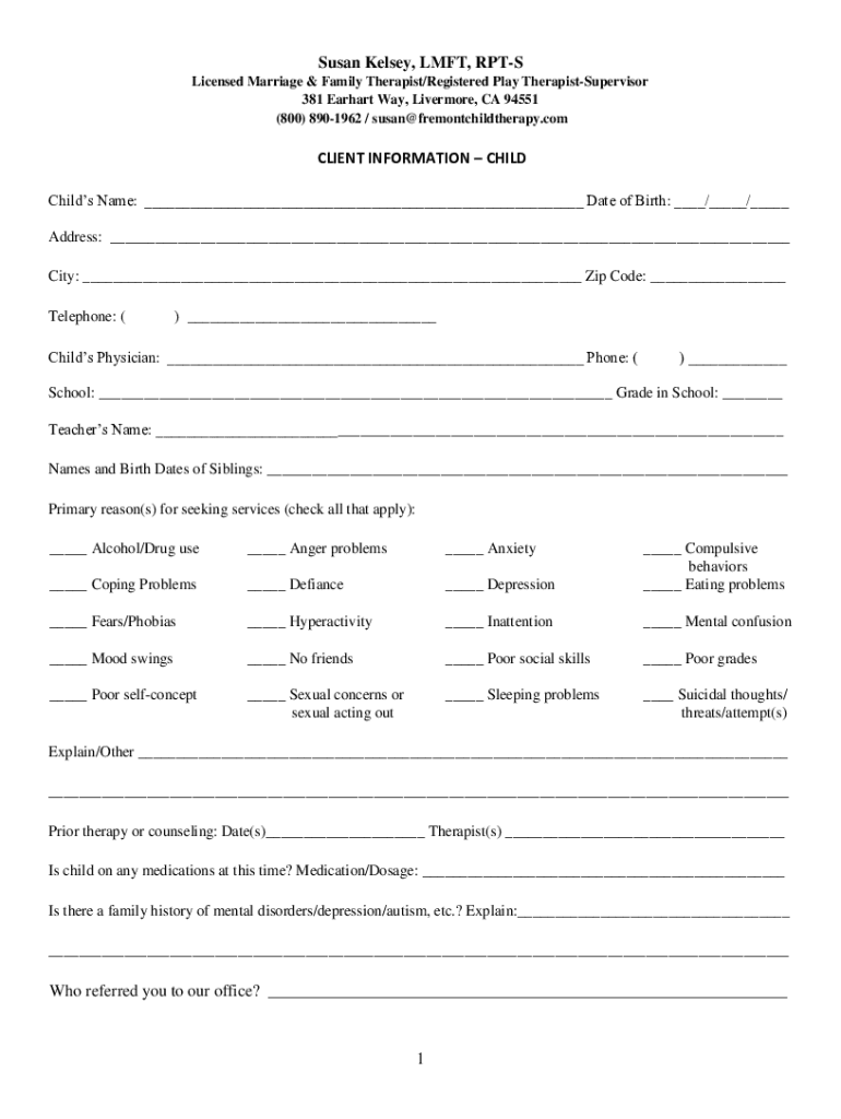 Fillable Online Susan Kelsey, LMFT, RPT-S Therapy for Children and ...