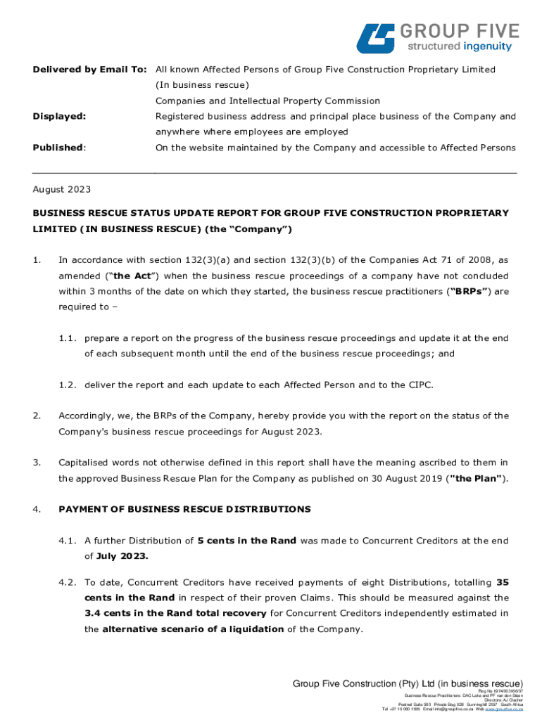 Fillable Online Group Five Limited - Business Rescue Status Update ...