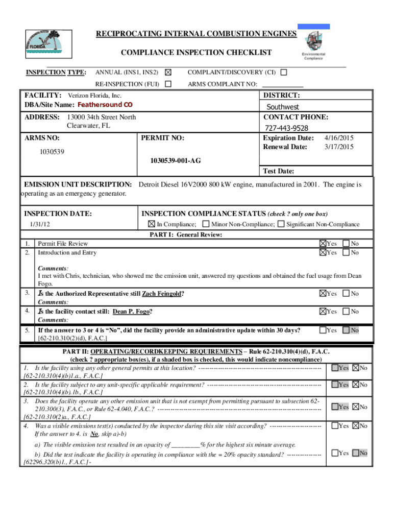 Fillable Online arm-permit2k dep state fl RECIPROCATING INTERNAL COMBUSTION ENGINES ... Fax ...