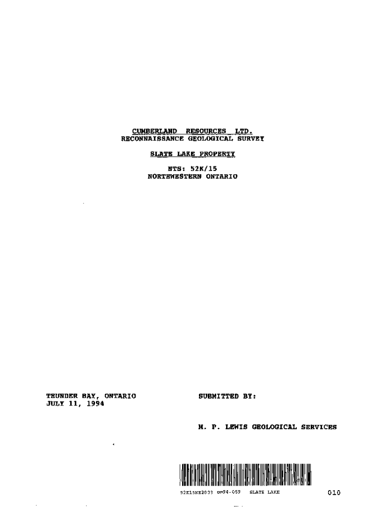 Fillable Online RECONNAISSANCE GEOL SURV SLATE LK AREA. GEOLOGICAL Fax Email Print - pdfFiller