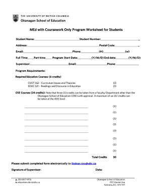 Fillable Online MEd with Coursework Only Program Worksheet for Students ...