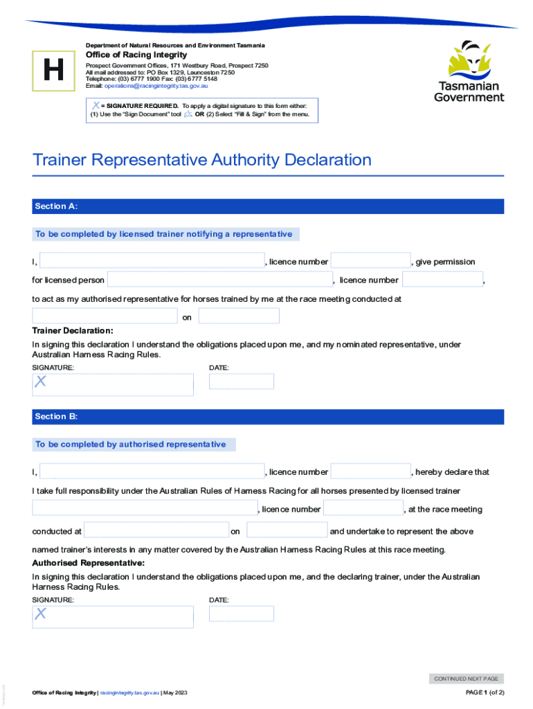 Fillable Online Harness - Trainer Representative Authority Declaration ...