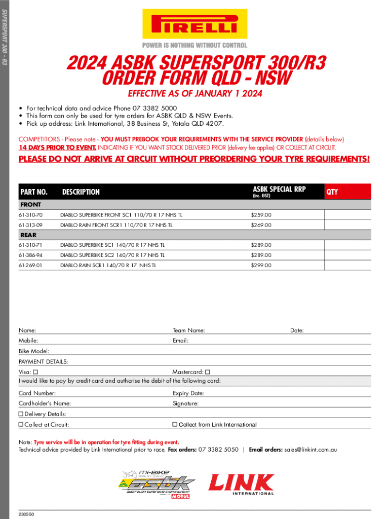 Fillable Online 2024 ASBK SUPERSPORT 300/R3 ORDER FORM QLD Fax Email ...