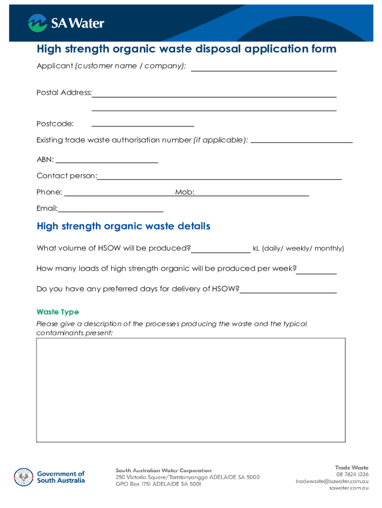 Fillable Online High strength organic waste disposal application form ...