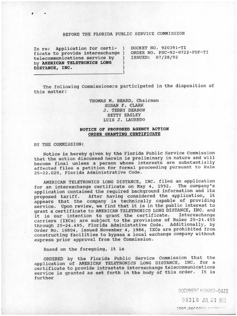 Fillable Online In re: Application for certificate to provide ...