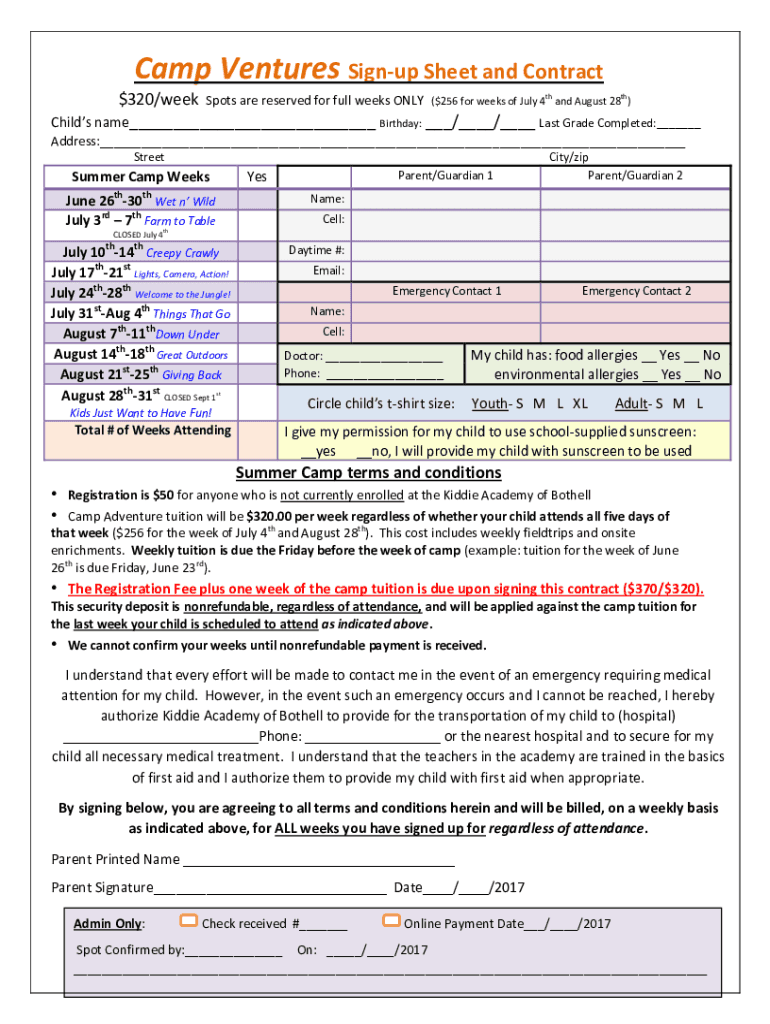 Fillable Online Camp Ventures Sign-up Sheet and Contract Fax Email ...