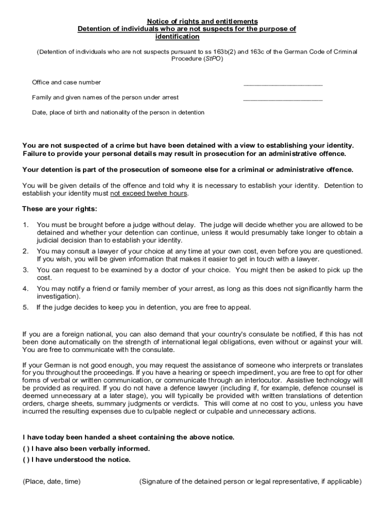 Fillable Online Notice of rights and entitlements Detention of suspects ...