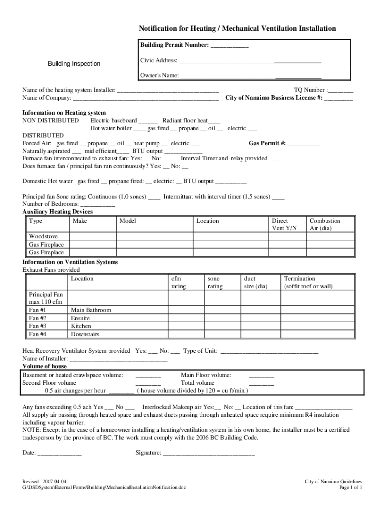 Fillable Online Notification for Heating / Mechanical Ventilation Installation Fax Email Print ...