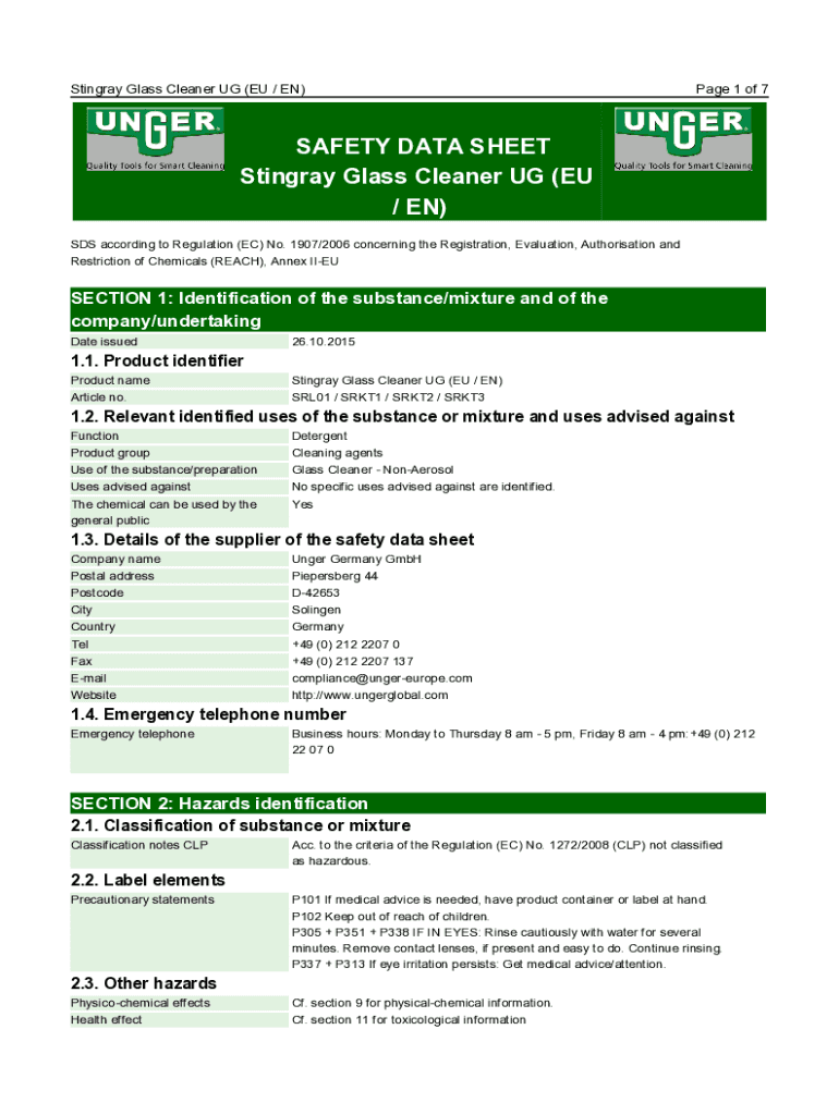 Fillable Online SAFETY DATA SHEET Stingray Glass Cleaner UG (EU / EN) Fax Email Print - pdfFiller