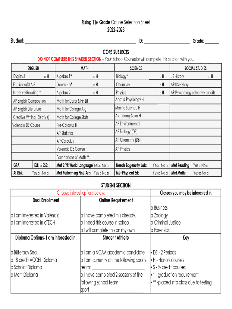 Fillable Online Rising 11th Grade Course Selection Sheet 2022-2023 Fax Email Print - pdfFiller