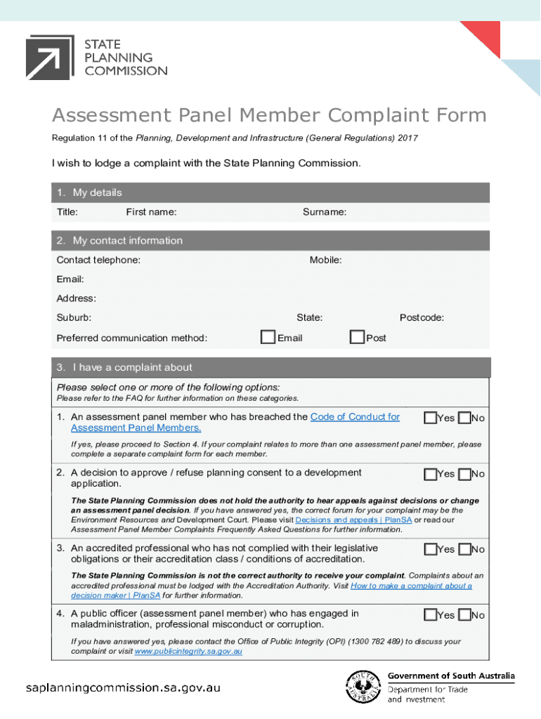 Fillable Online Assessment Panel Member Complaint Form Fax Email Print ...