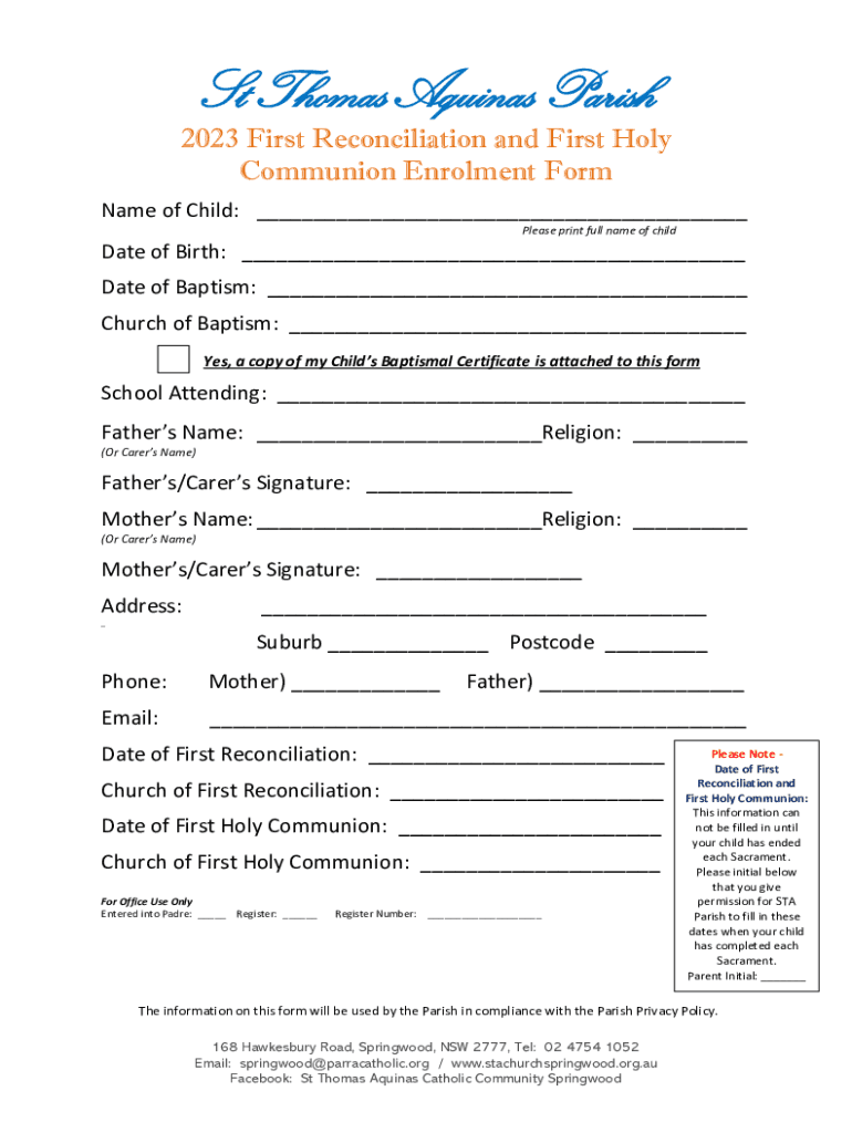 Fillable Online First Communion - St Thomas Aquinas Catholic Church Fax Email Print - pdfFiller