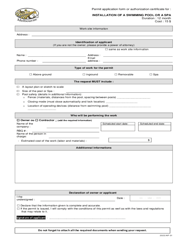 Fillable Online Residential Swimming Pool or Spa Permit Application Fax ...