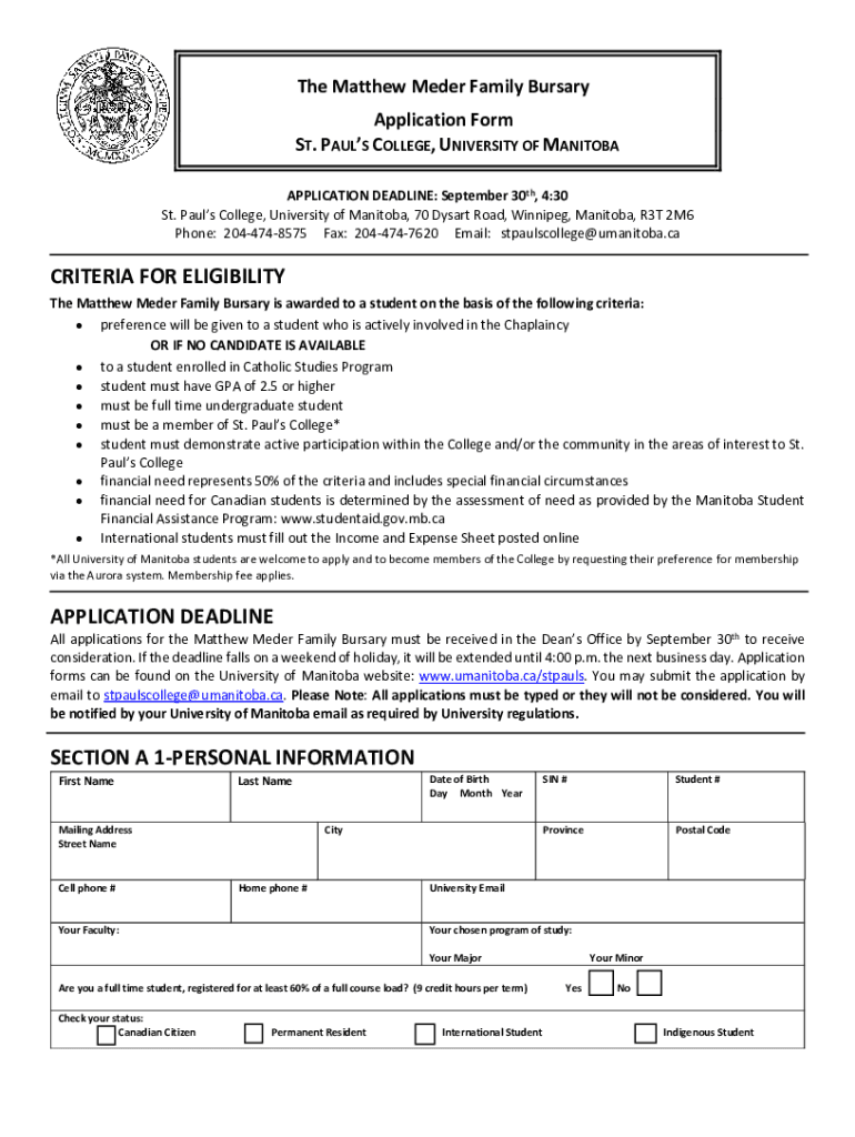 Fillable Online The Matthew Meder Family Bursary Application Form Fax ...