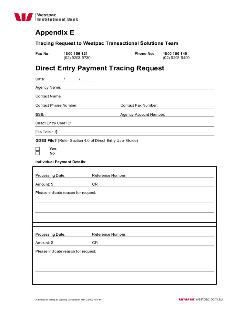 Fillable Online Appendix E Direct Entry Payment Tracing Request Fax Email Print - pdfFiller