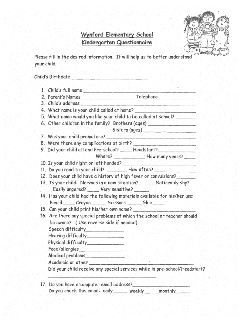Fillable Online Wvnford Elementary School Kindergarten Questionnaire ...