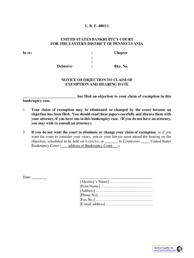 Fillable Online lbf 4003-1 united states bankruptcy court for the ...
