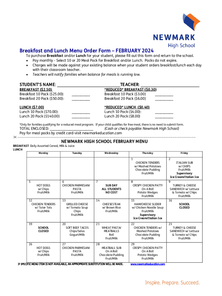 Fillable Online February School Nutrition Order Form Fax Email Print ...