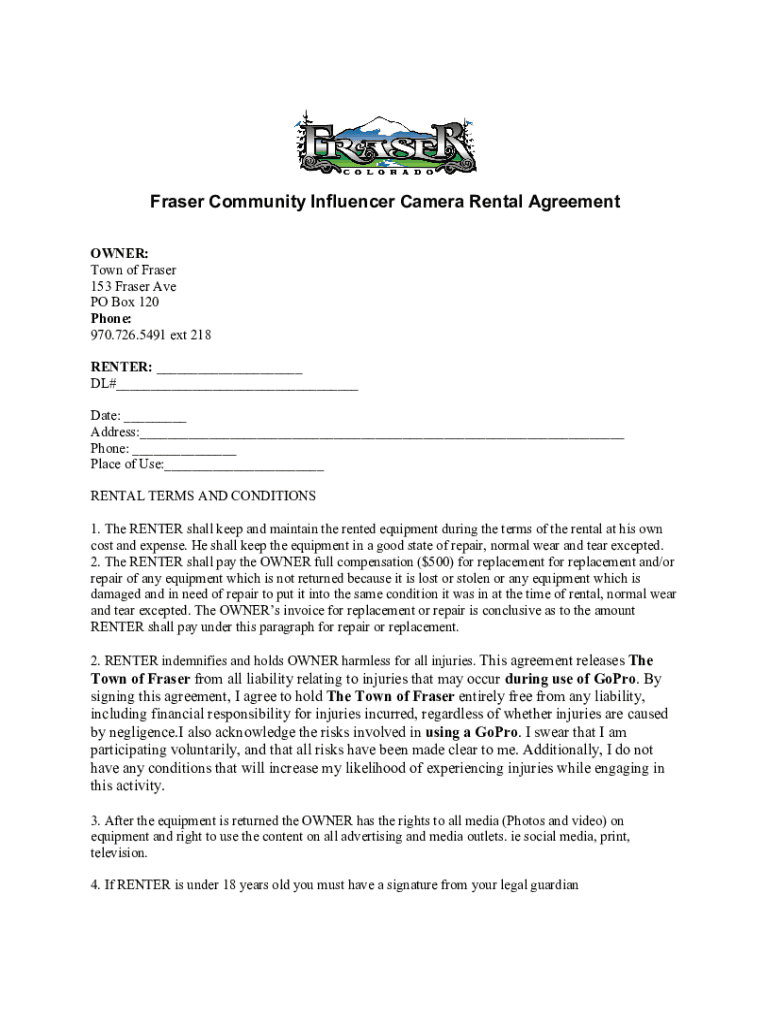 Fillable Online Fraser Community Influencer Camera Rental Agreement Fax ...
