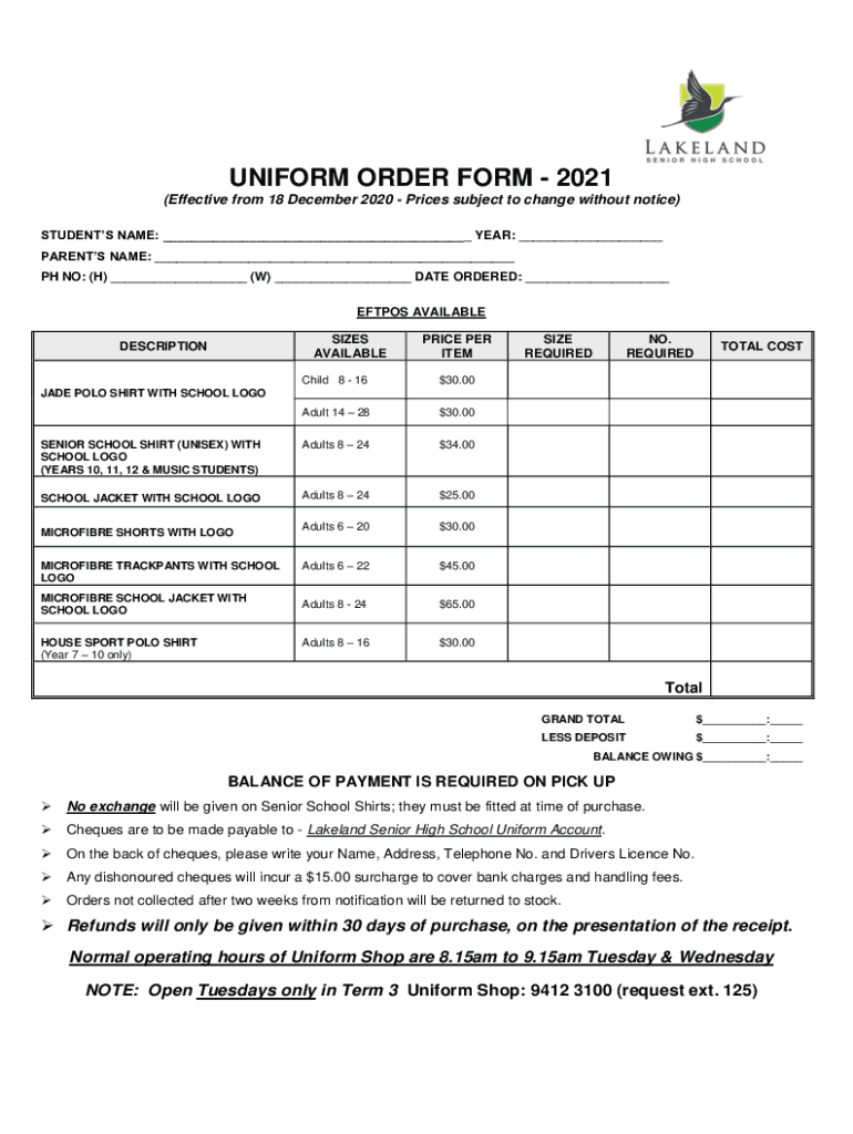 Fillable Online lakelandshs wa edu UNIFORM ORDER FORM - 2021 - Lakeland ...