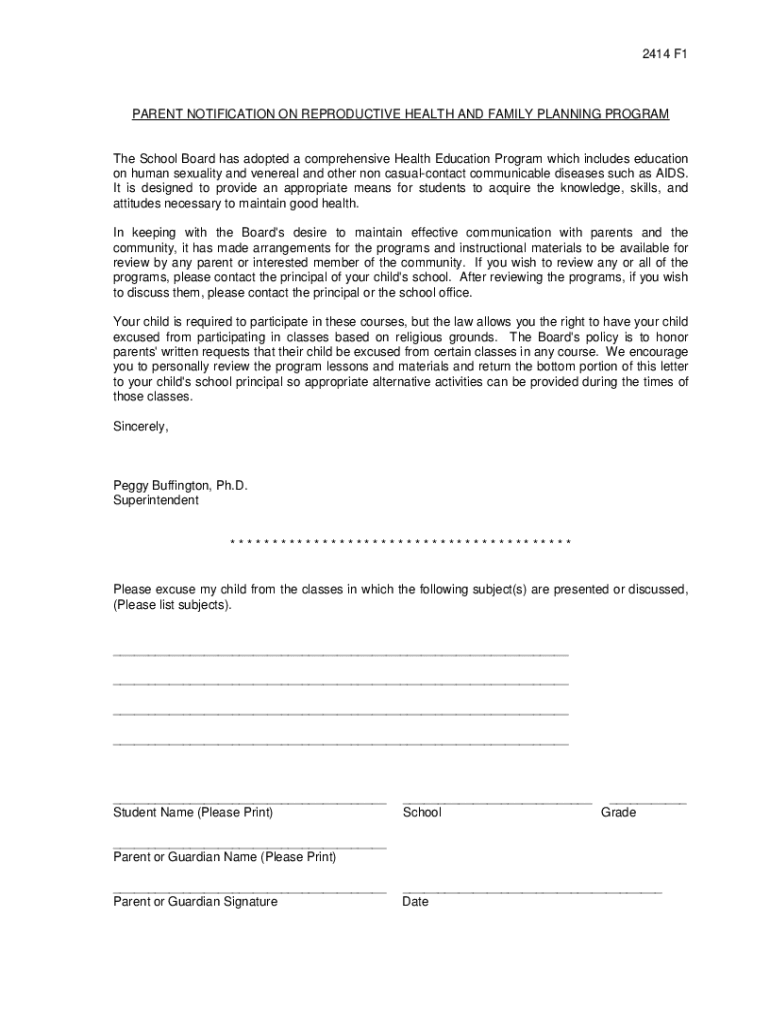Fillable Online 2414 f1 parent notification on reproductive health and ...