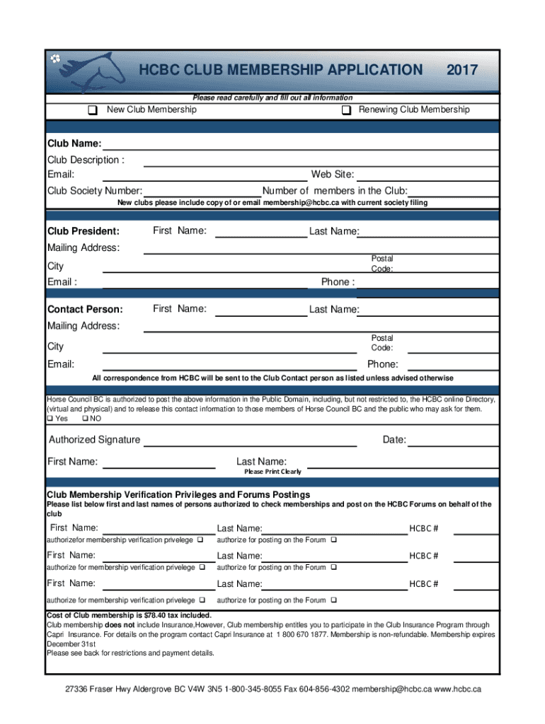 Fillable Online HCBC Club Membership Renewal Now Available Online! Fax ...