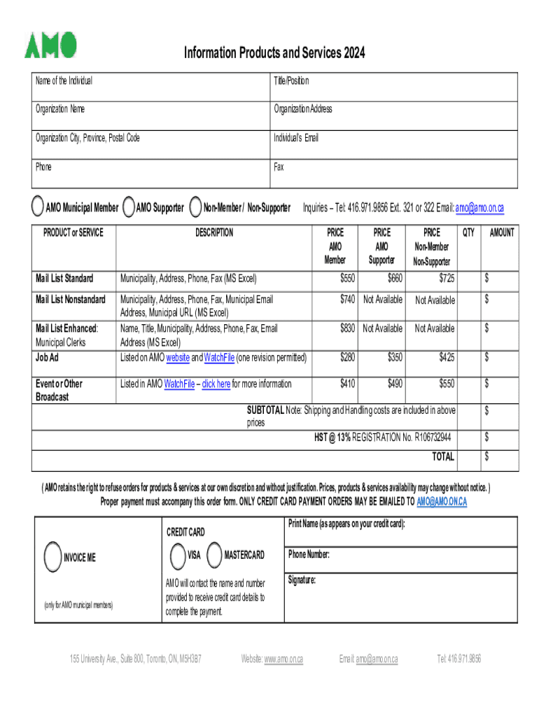 Fillable Online AMO 2024 Information Products and Services Order Form ...