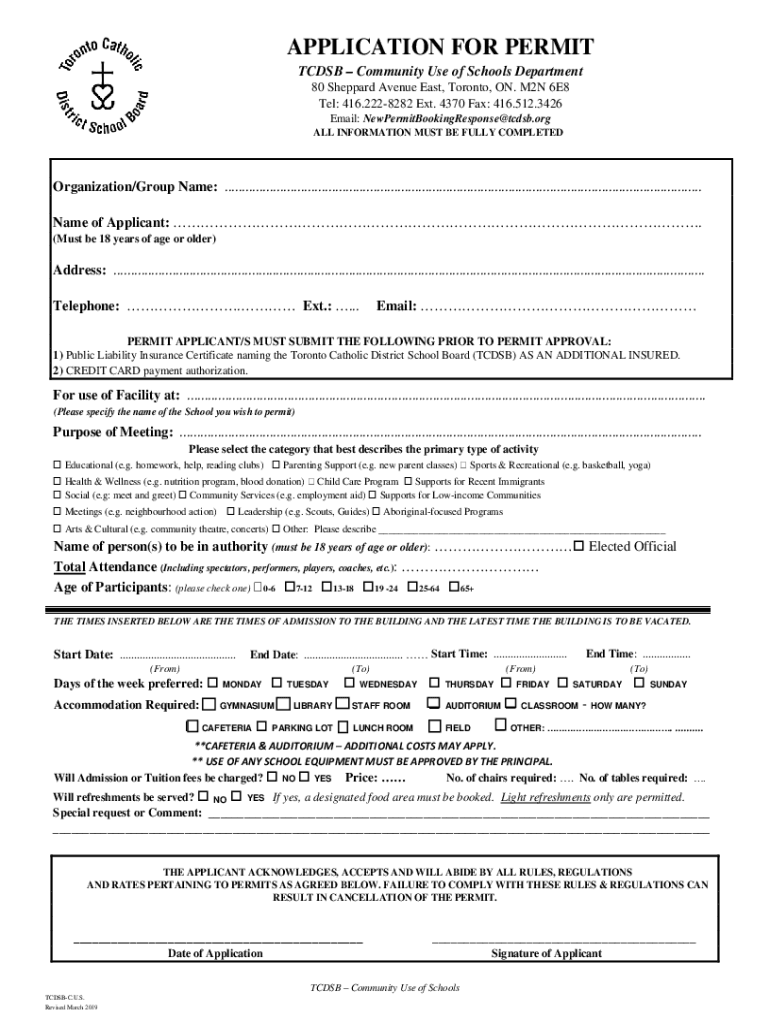 Fillable Online permits tcdsb Community Use of Schools (Permits ...