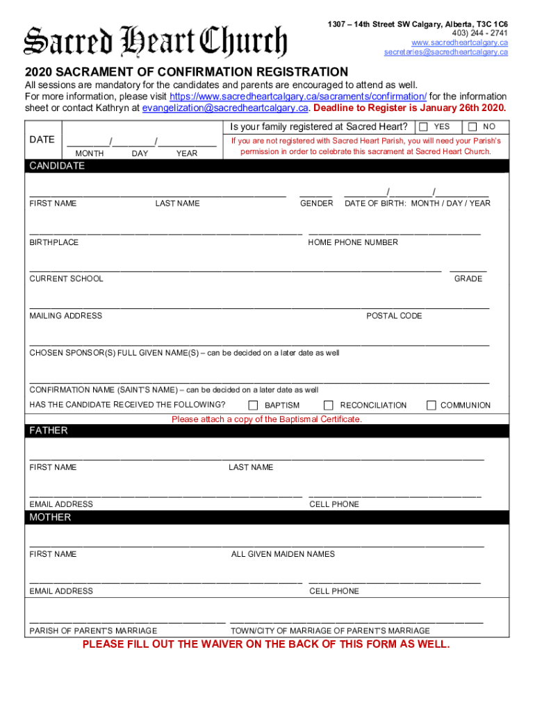 Fillable Online the sacrament of confirmation - Sacred Heart Church Fax ...