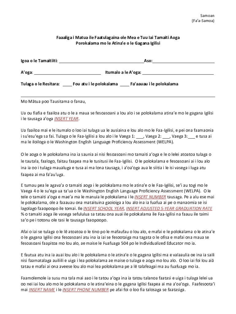 Fillable Online O le Igilisi o se gagana faaopoopo pe tautala ai (EAL/D ...