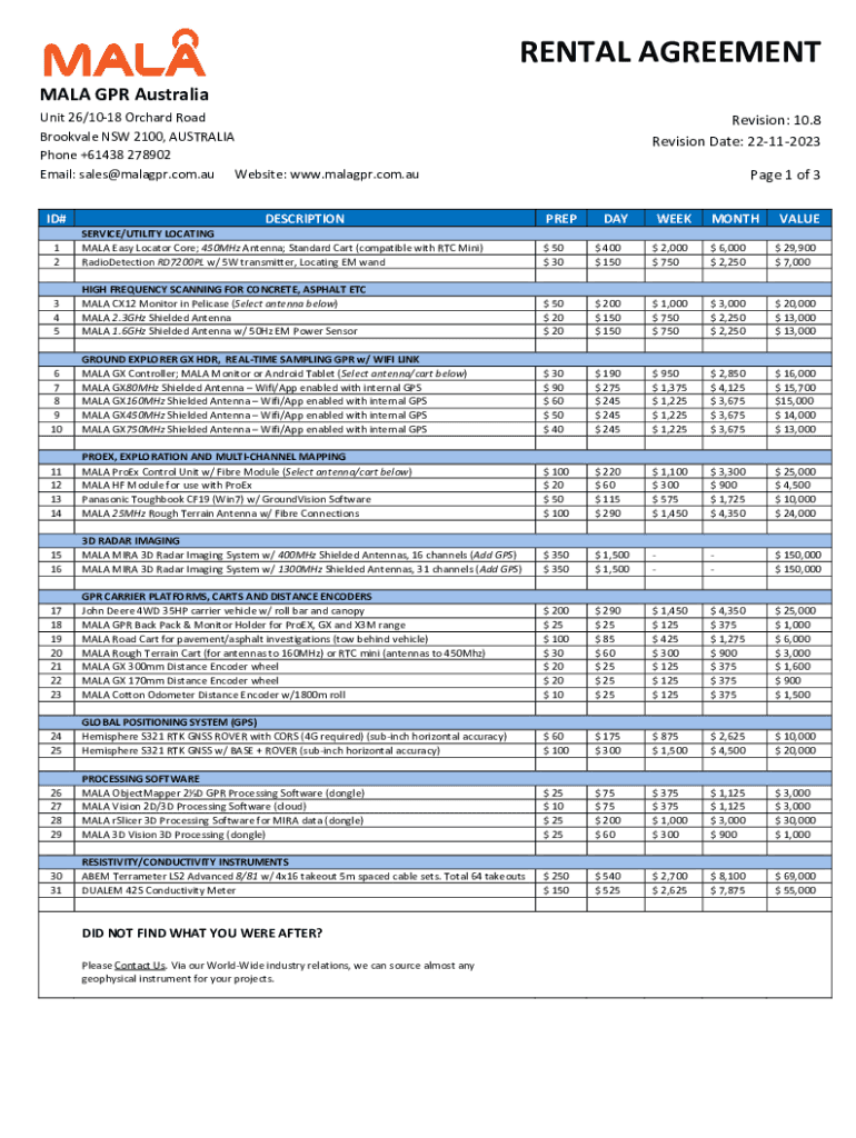 Fillable Online MALA GPR Rental Agreement v10.8 Fax Email Print - pdfFiller