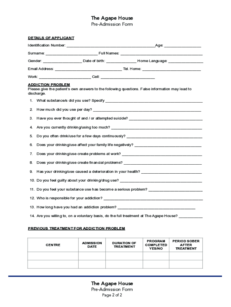 Fillable Online The Agape House - Pre Admission Form Harmony Retreat ...