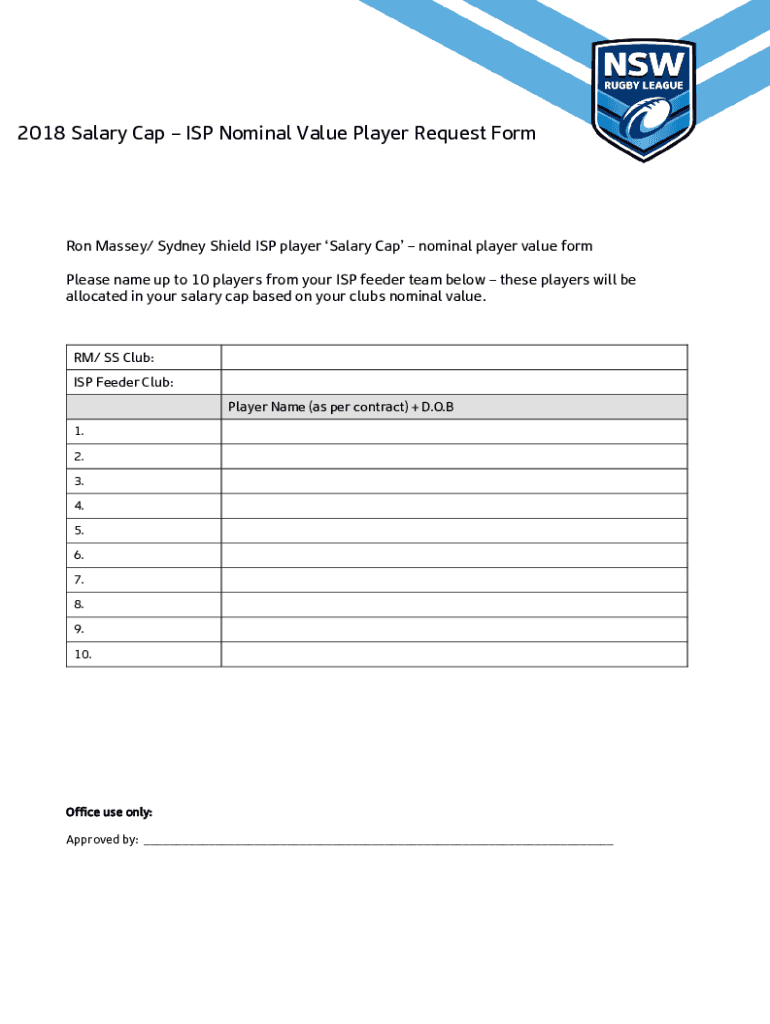 Fillable Online 2018 Salary Cap ISP Nominal Value Player Request Form ...