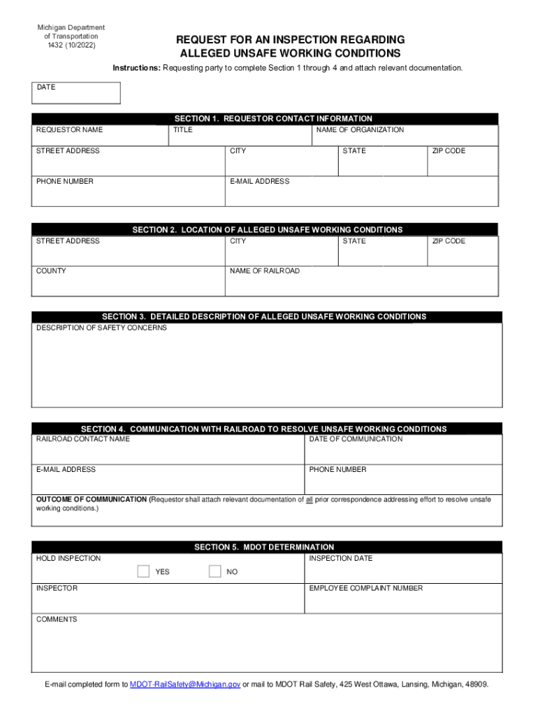 Fillable Online REQUEST FOR AN INSPECTION REGARDING ALLEGED UNSAFE WORKING CONDITIONS. REQUEST ...