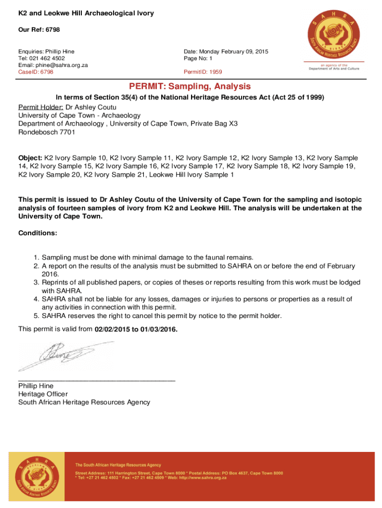 Fillable Online K2 and Leokwe Hill Archaeological IvorySAHRA - SAHRIS Fax Email Print - pdfFiller