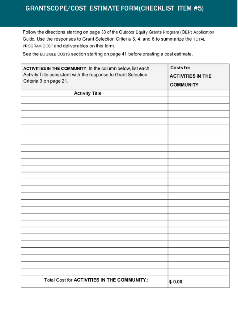 Fillable Online grant scope/cost estimate form (checklist item #5) Fax ...
