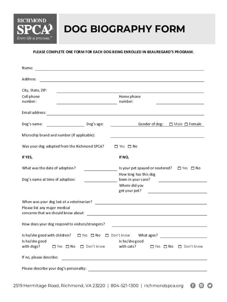 Fillable Online DOG BIOGRAPHY FORM Fax Email Print - pdfFiller