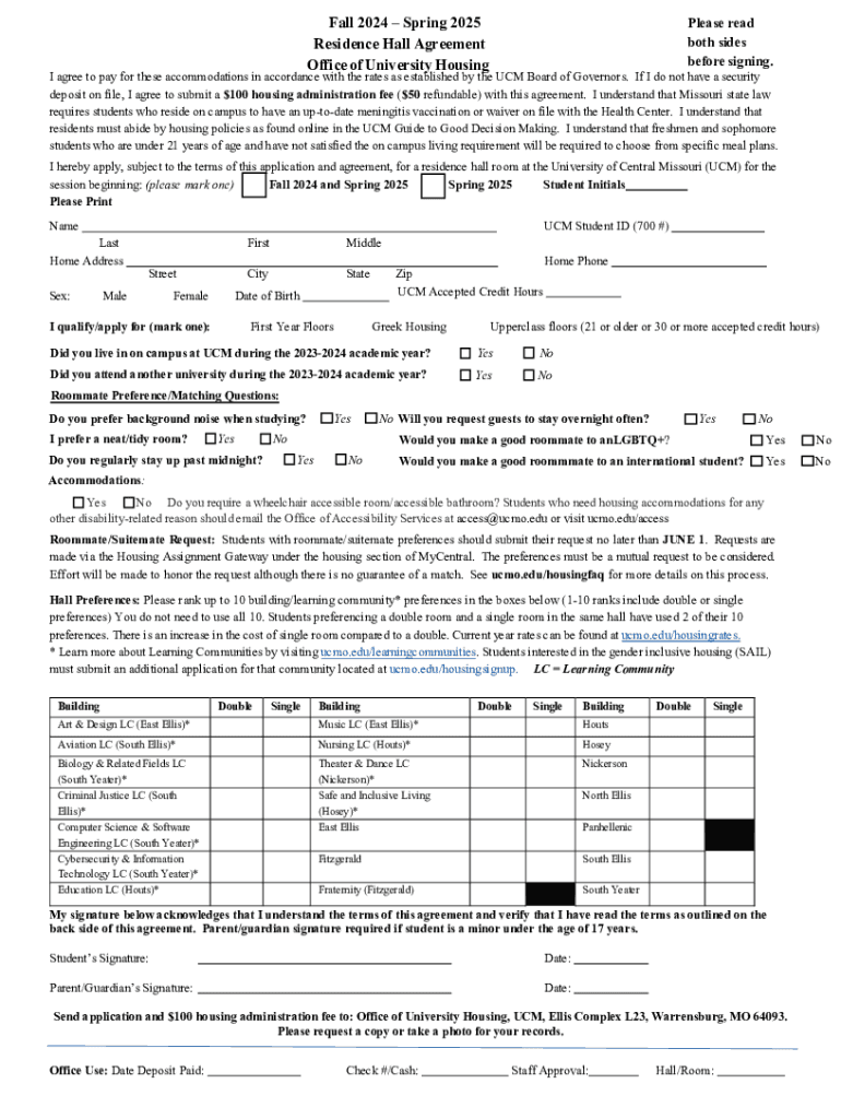 Fillable Online 2024-2025 Residence Hall & Apartment Housing Agreement Fax Email Print - pdfFiller