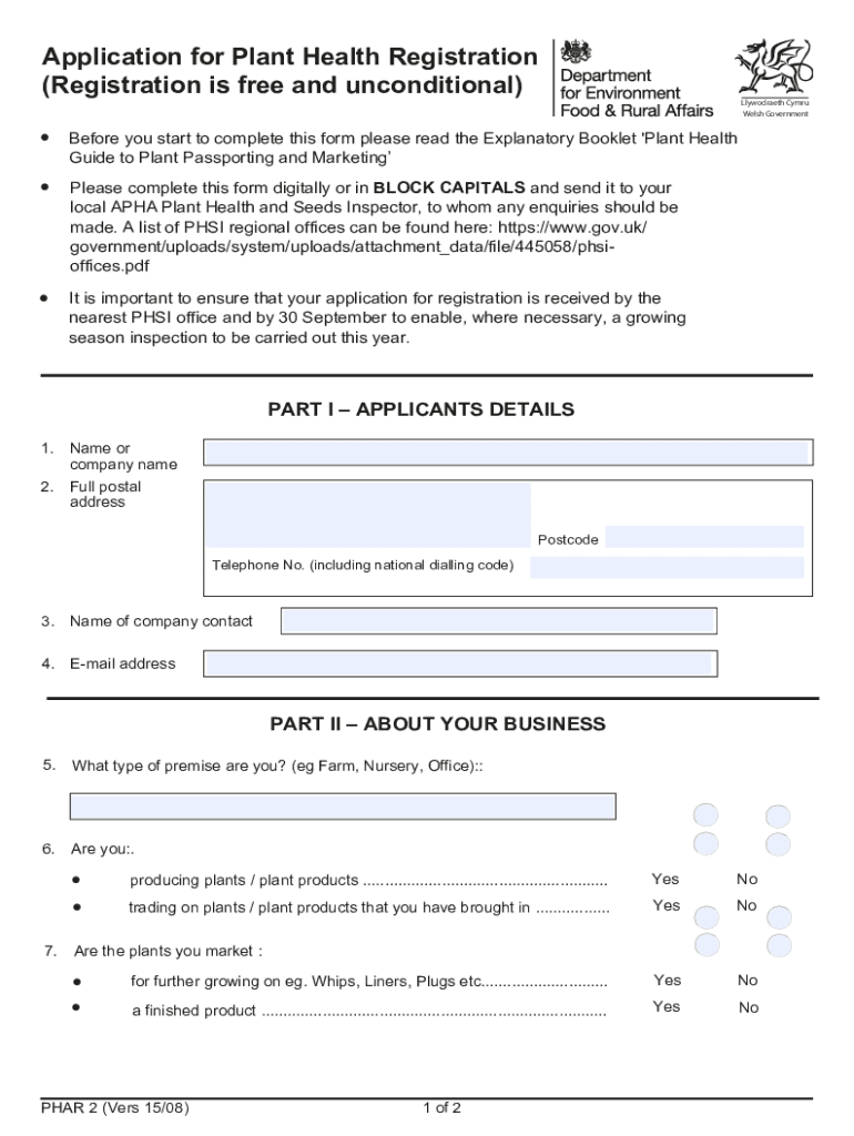 Fillable Online Registration for Place of Destination for inspection of ...