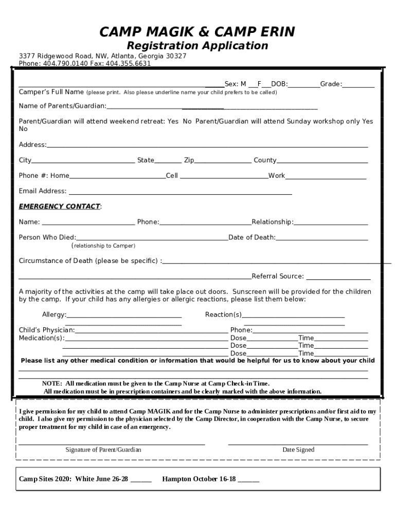 Fillable Online CAMP MAGIK & CAMP ERIN Registration Application Fax Email Print - pdfFiller