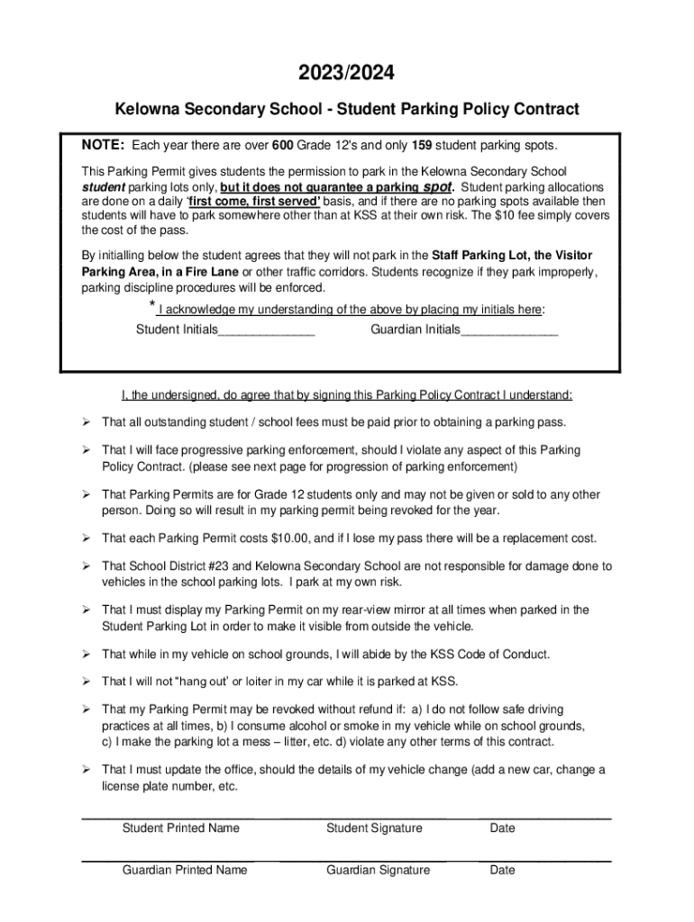 Fillable Online kss sd23 bc Student Parking Policy Contract Fax Email Print - pdfFiller