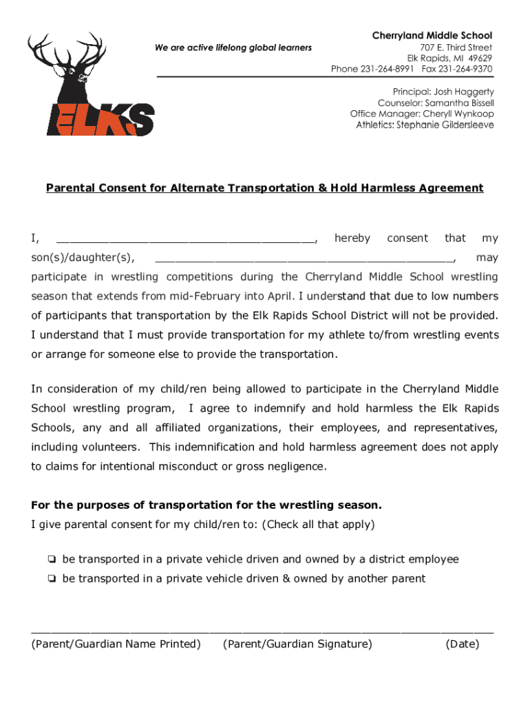 Fillable Online Parental Consent for Alternate Transportation & Hold ...