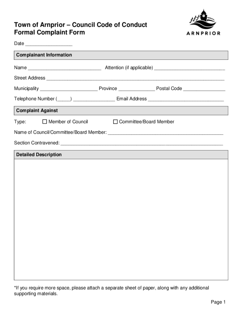 Fillable Online Council Code of Conduct Formal Complaint Form Fax Email ...