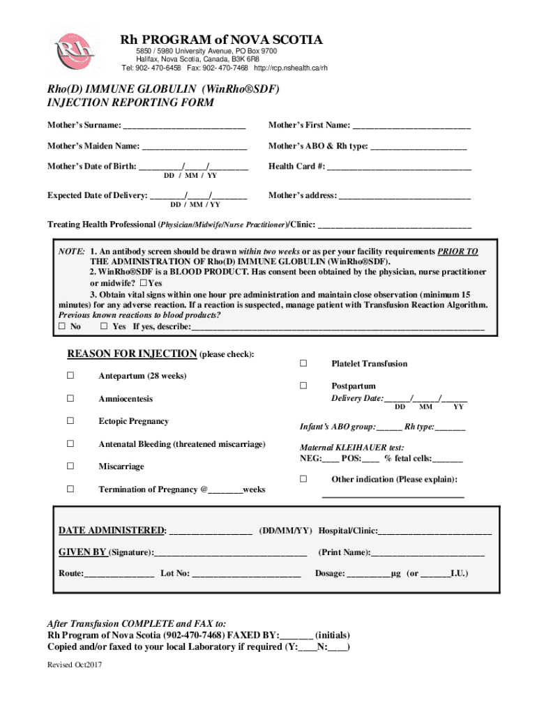 Fillable Online Rho(D) immune globuilin (WinRho SDF) injection ...